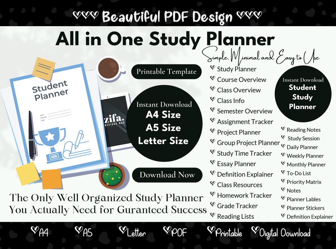 Student Study Planner, Homework Tracker, A4 A5 Letter (PDF) - Etsy