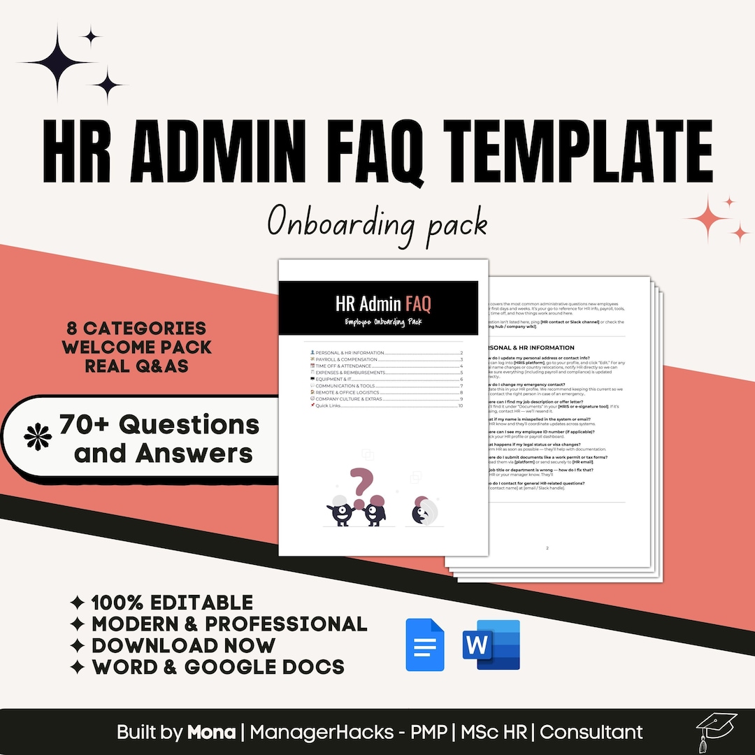 HR Admin FAQ Template – Editable Word + Google Docs | HR Welcome Pack ...