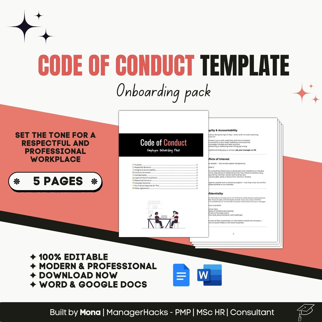 Modern Code of Conduct Template – Editable Word | Employee Handbook ...