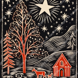 8 Assorted Block Print Style Christmas Cards Set | Winter Village ...