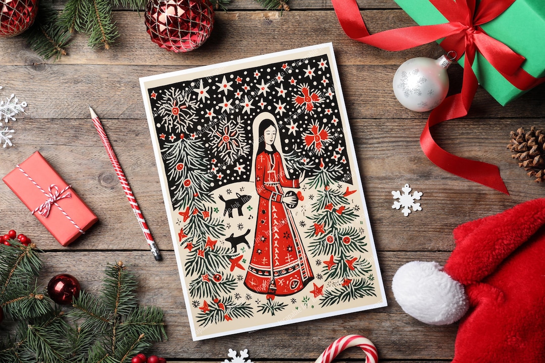 8 Assorted Folk Art Christmas Cards Set | Winter Scenes With Envelopes ...