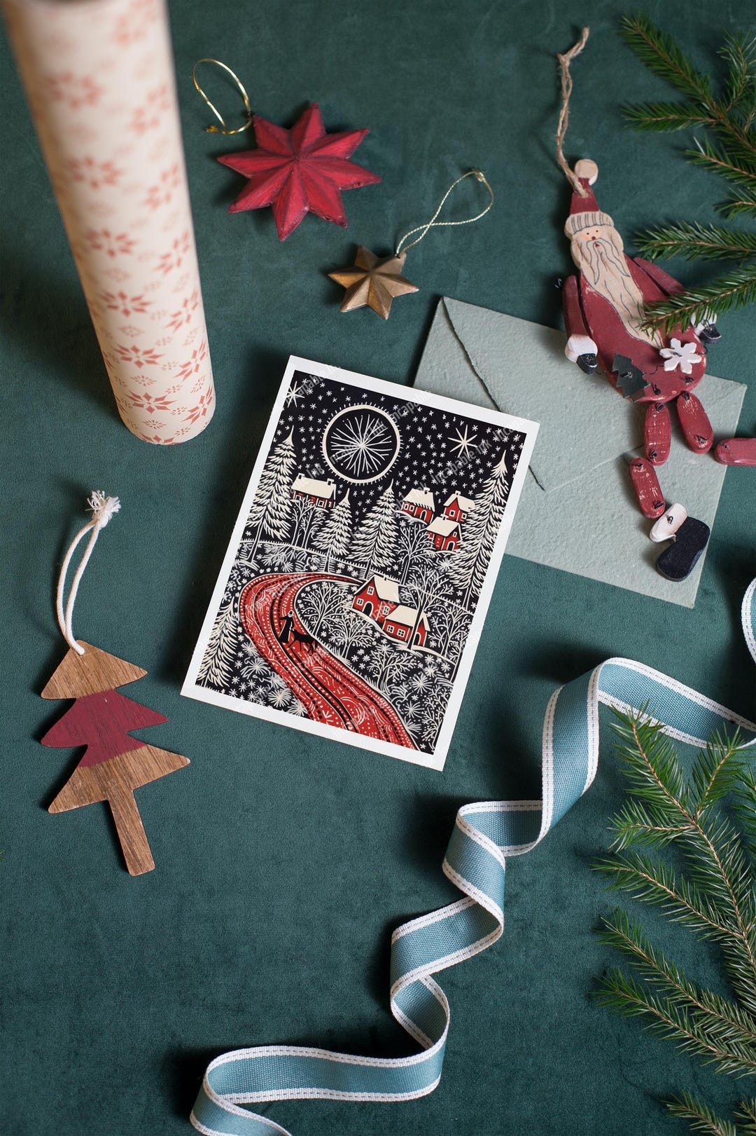 8 Assorted Block Print Style Christmas Cards Set | Winter Village ...