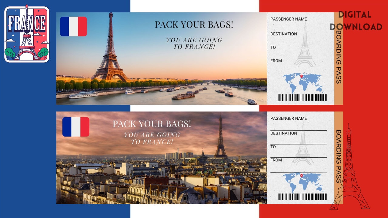 France Printable Surprise Trip Gift Ticket, France Printable Vacation ...