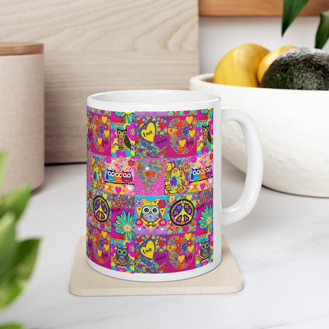 Owl Patchwork Mug Patchwork Coffee Mug Smile Cute Coffee - Etsy