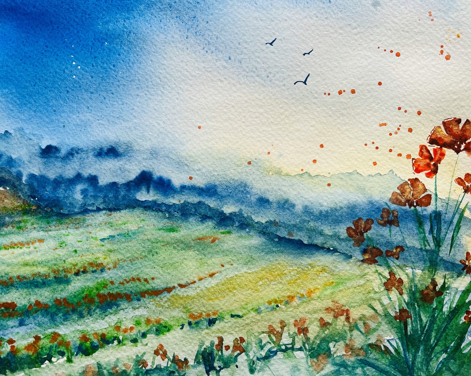 The "summer Field" and Flower 10x8 Giclee Watercolor Landscape Print of ...