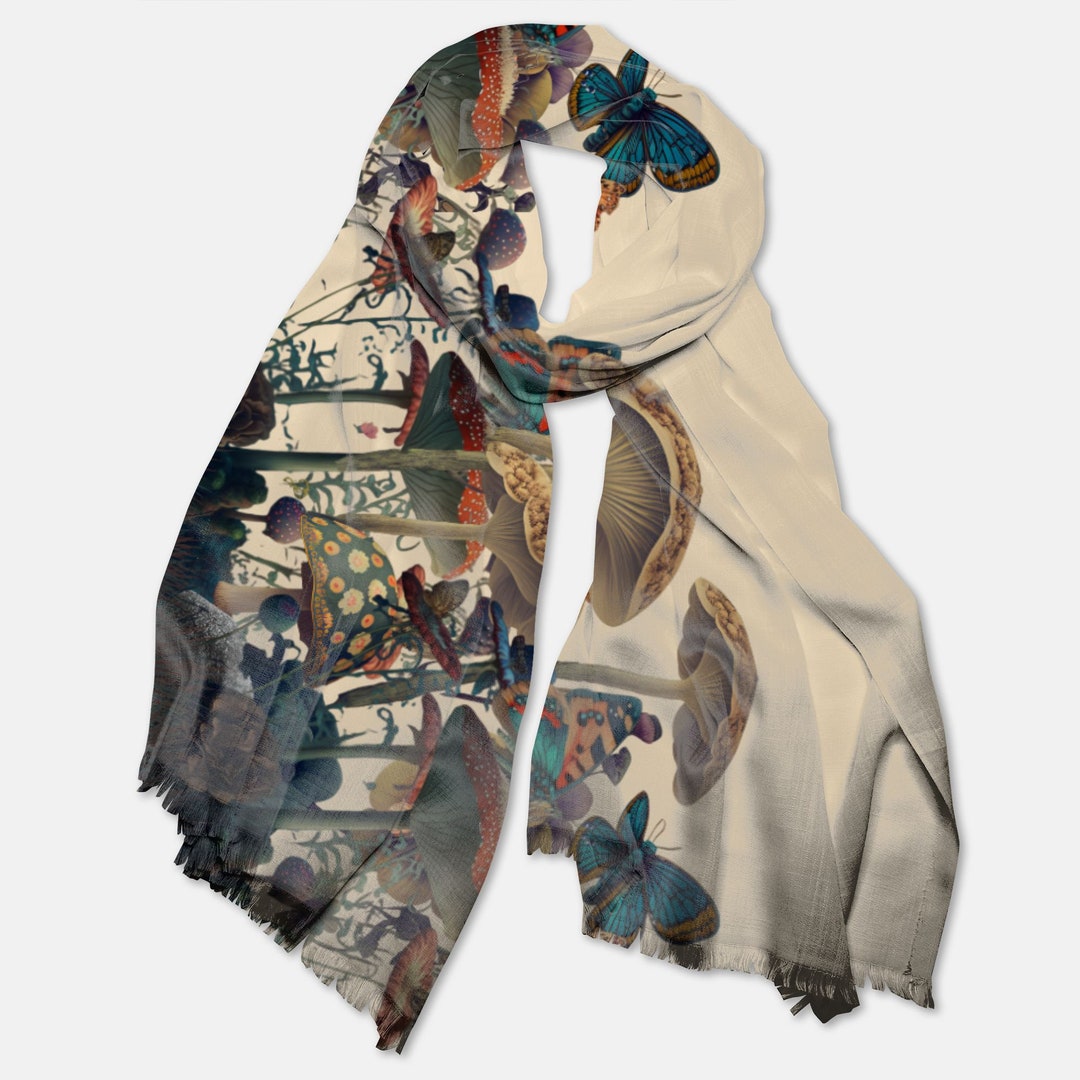 Cottagecore Light-weight Mushroom and Butterfly Pashmina Scarf - Etsy