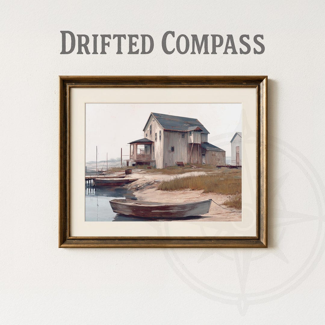 Vintage Coastal Art Print: Rustic Fishing Village Scene (digital ...
