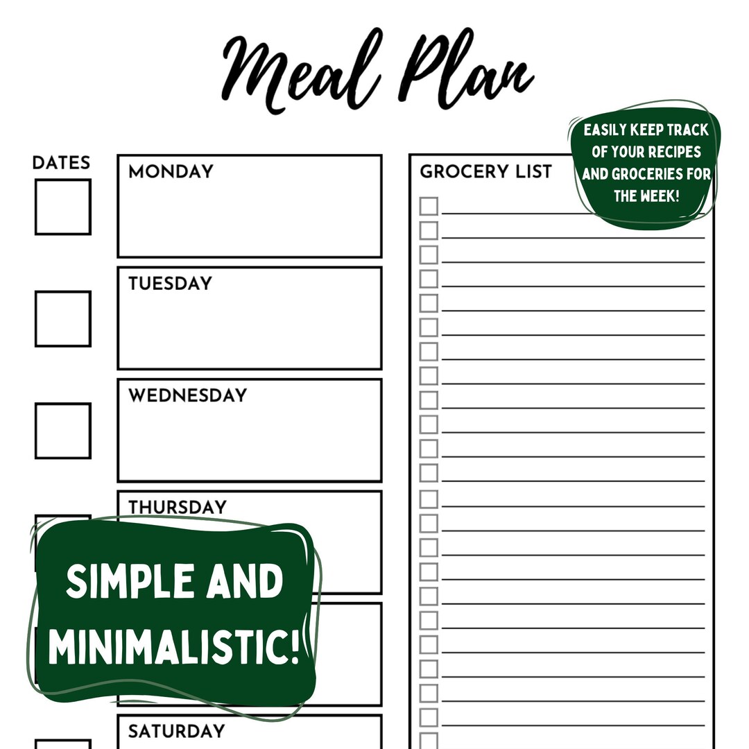 Minimal, Black and White, Meal Plan Digital Download - Etsy