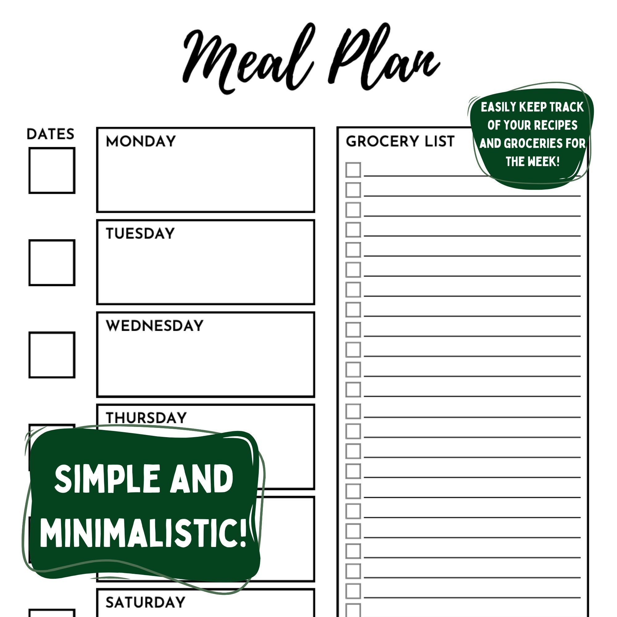 Minimal, Black and White, Meal Plan Digital Download - Etsy
