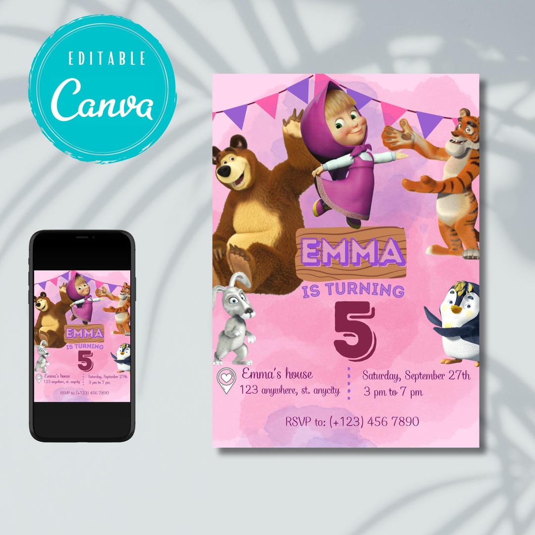 Masha and the Bear Canva Editable Birthday Invitation/card Invitation ...