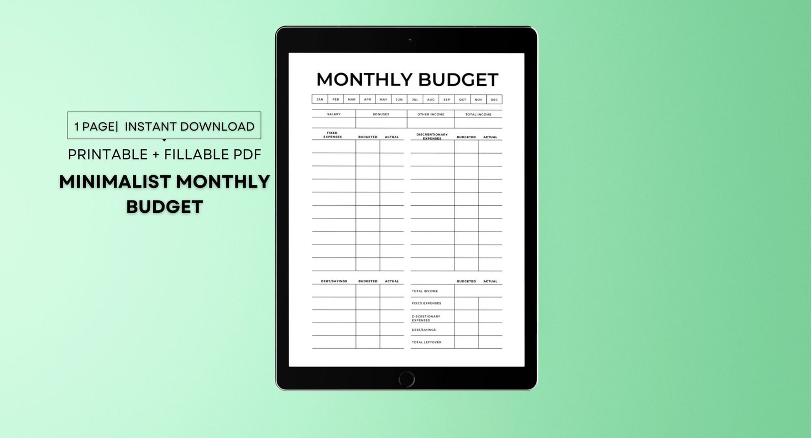 Monthly Budget Template Printable Instant Download Minimal Budget