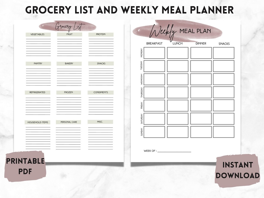 Printable Grocery Shopping List, Printable Weekly Meal Plan, INSTANT ...