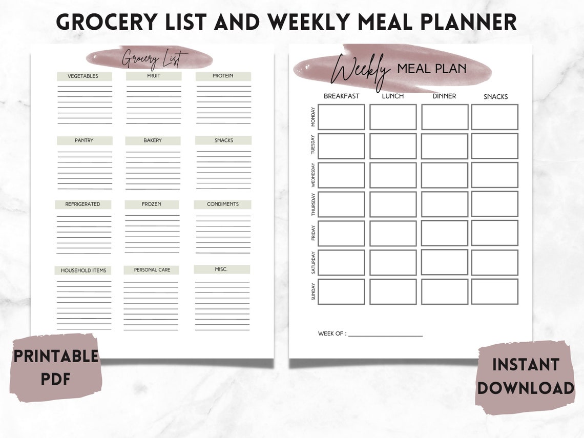 Printable Grocery Shopping List, Printable Weekly Meal Plan, INSTANT ...