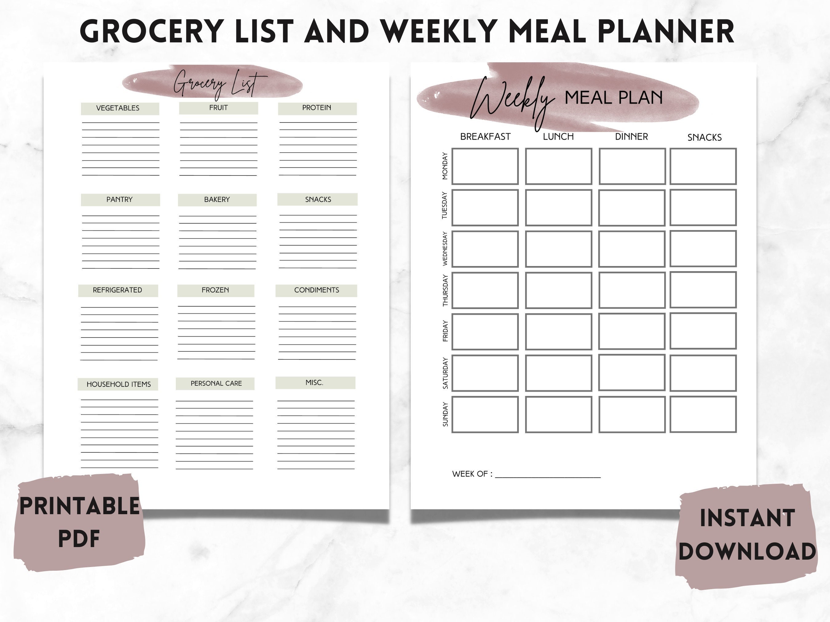 Printable Grocery Shopping List, Printable Weekly Meal Plan, INSTANT ...