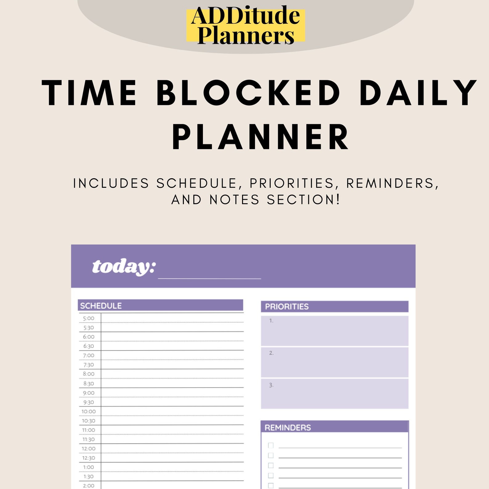 Daily Planner | Printable, Undated | Time Blocked Schedule, Priorities ...