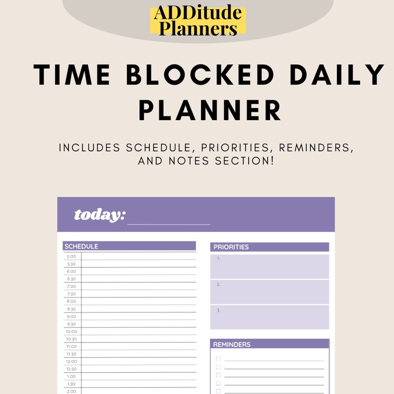 Daily Planner | Printable, Undated | Time Blocked Schedule, Priorities ...