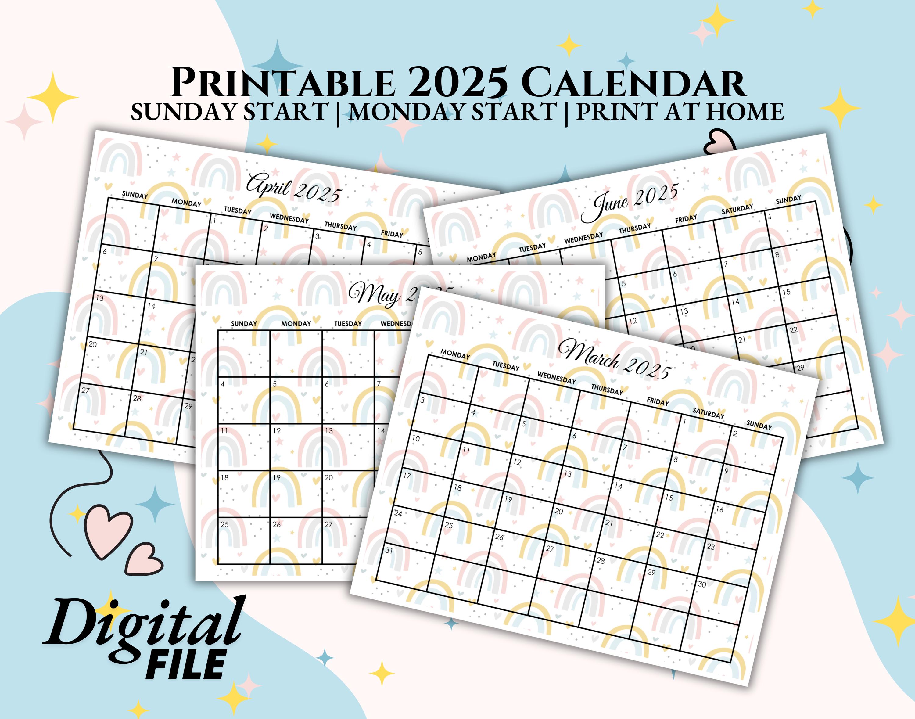 Rainbow 2025 Printable Calendar Monday Start Sunday Start Beautiful ...