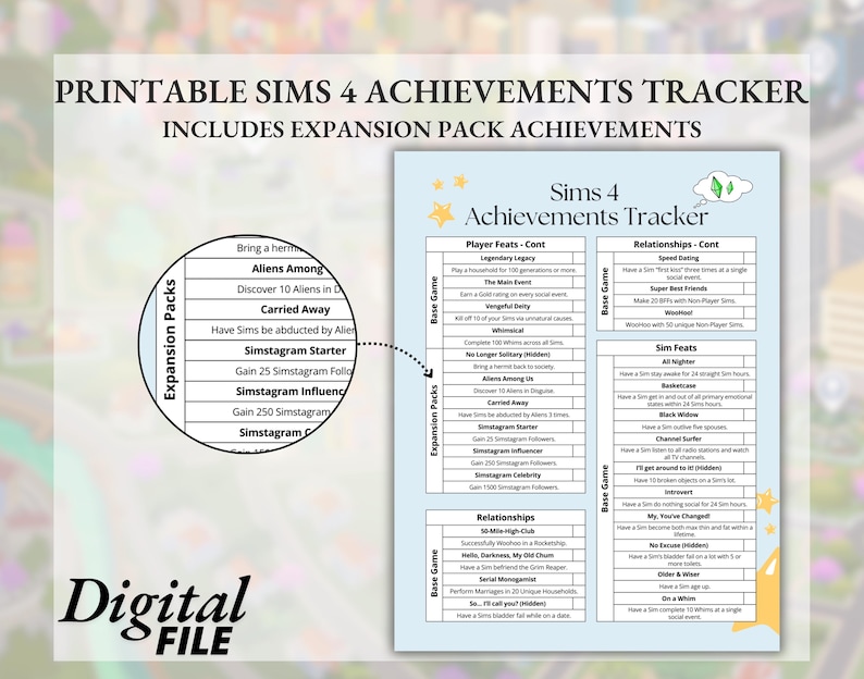 Printable Sims 4 Achievements Planner Sheet Bundle - Expansion and Base ...