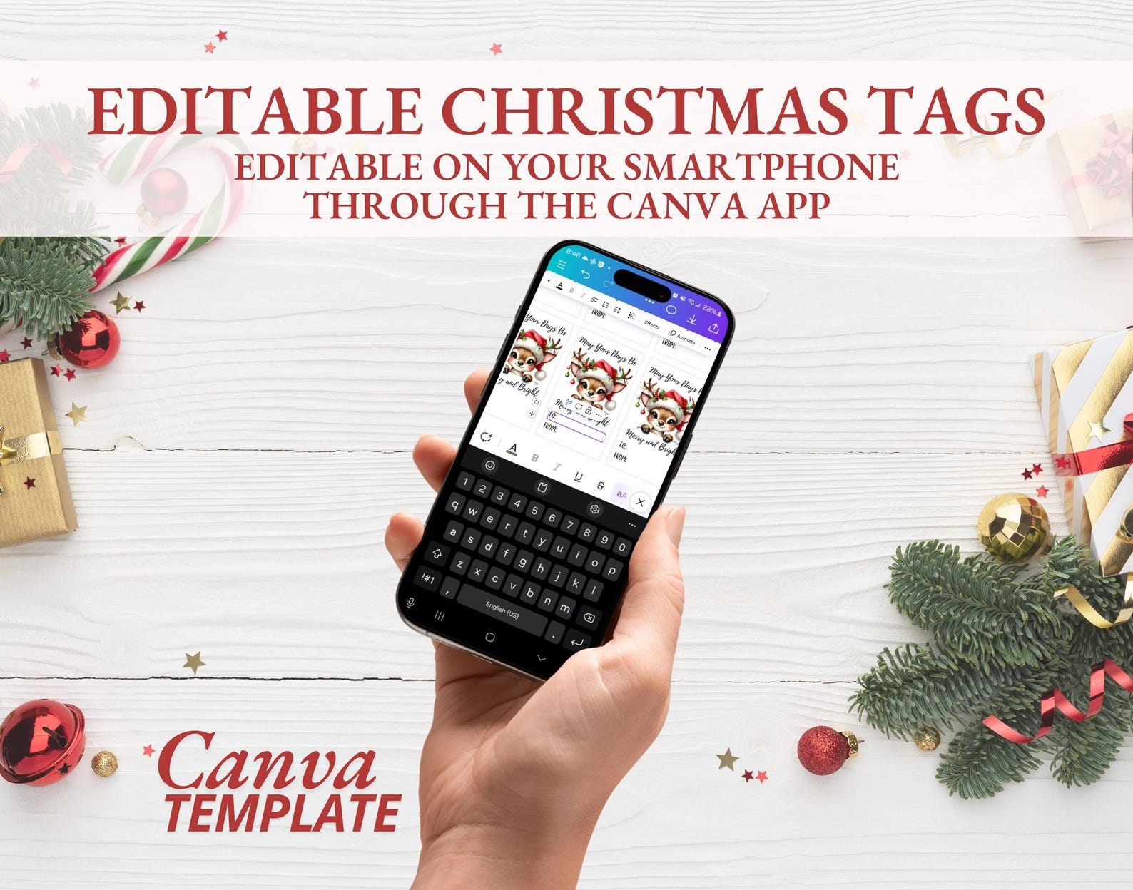 Christmas Gift Tag Printable Canva Template Adorable Reindeer! Each Tag ...