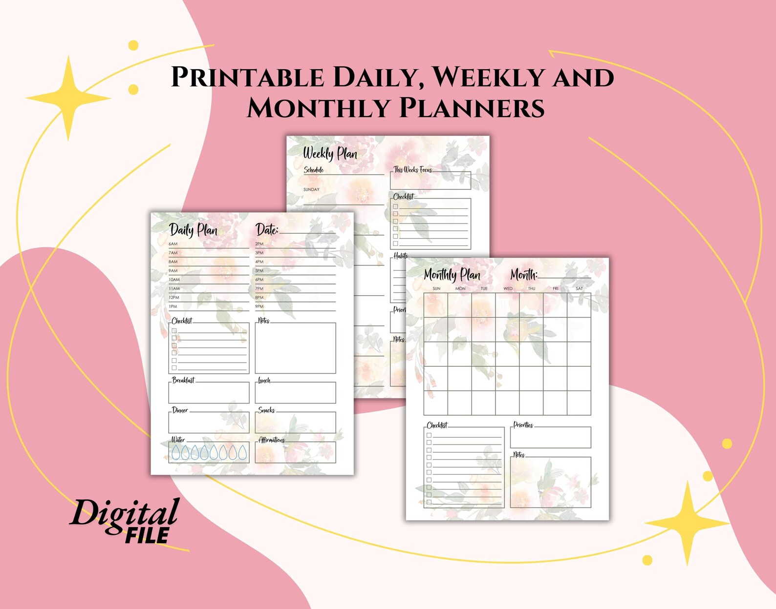 Floral Printable Daily Planner, Weekly Planner, Monthly Planner Bundle ...