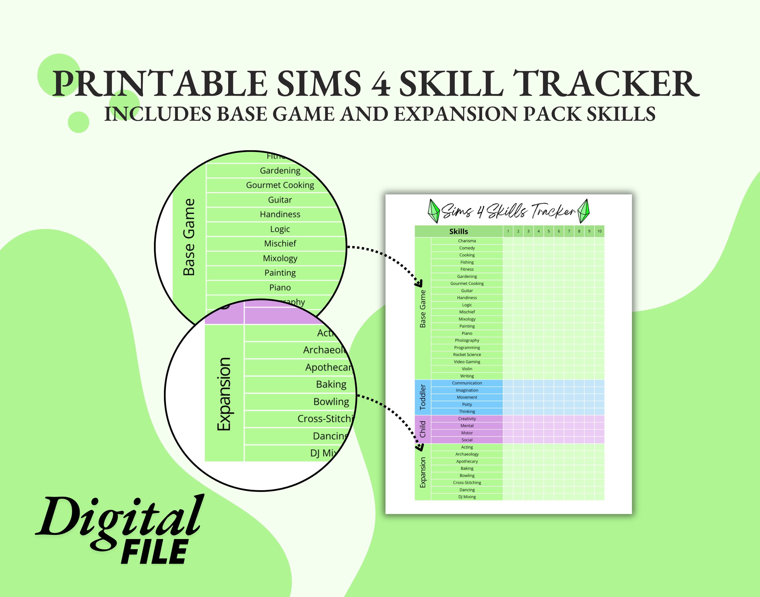 Printable Sims 4 Skill Tracker Planner Sheet Bundle - Expansion and ...