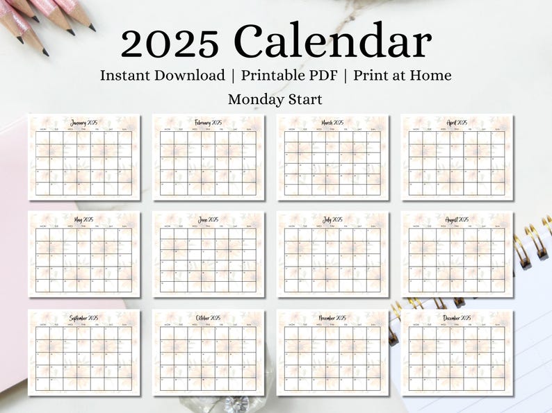 2025 Printable Calendar Sunflower Background Monday Start Sunday Start ...