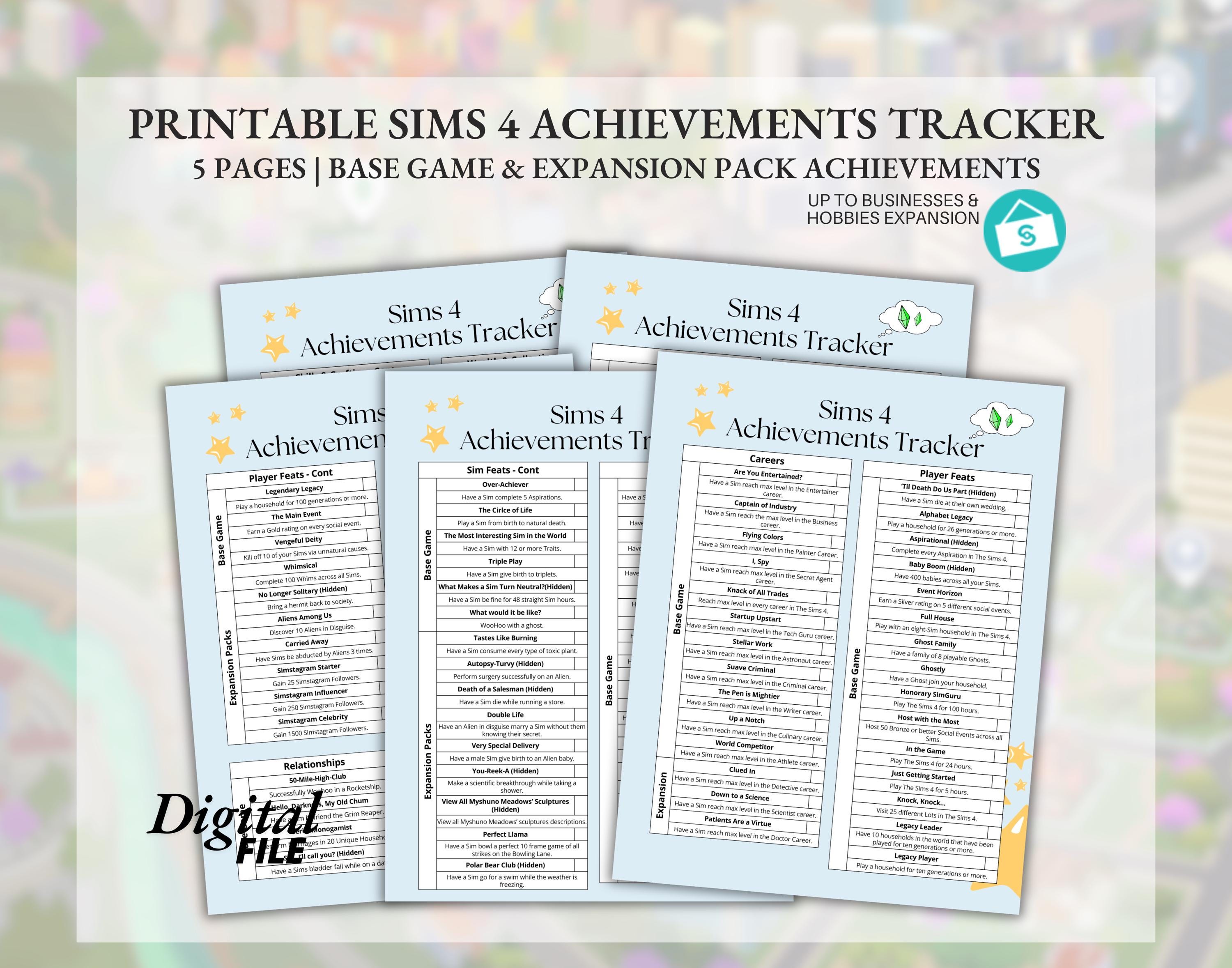 Printable Sims 4 Achievements Planner Sheet Bundle - Expansion and Base ...