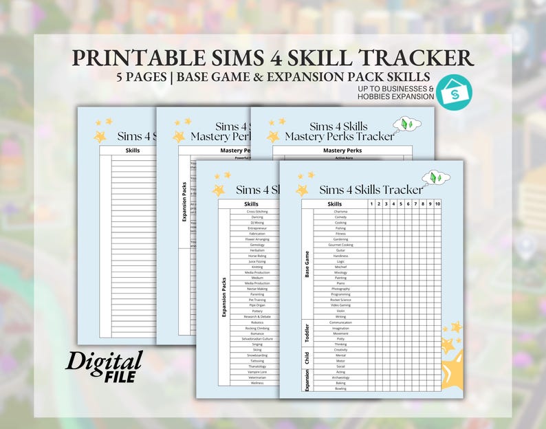 Printable Sims 4 Skill Tracker Planner Sheet Bundle Expansion and Base ...