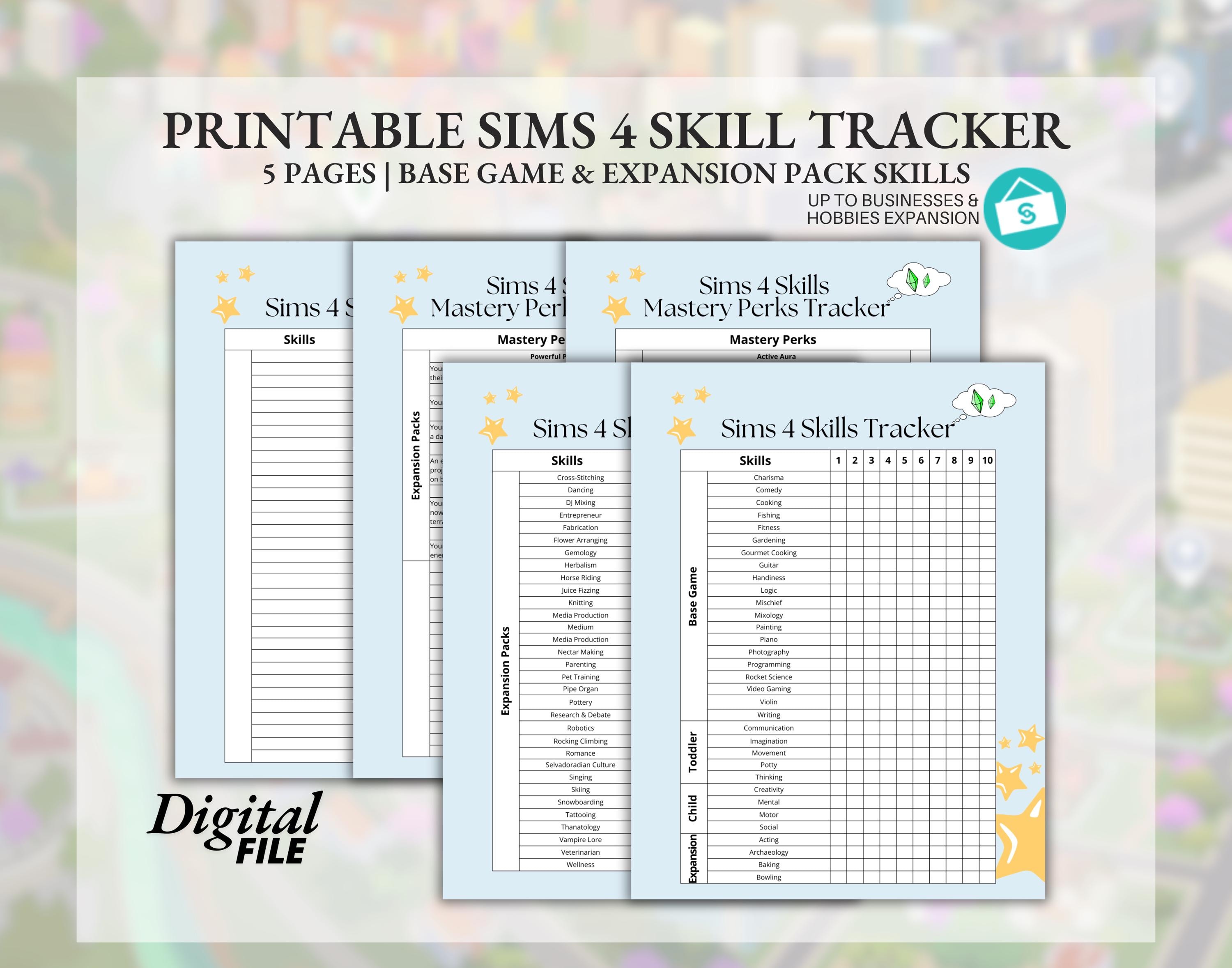 Printable Sims 4 Skill Tracker Planner Sheet Bundle Expansion and Base ...