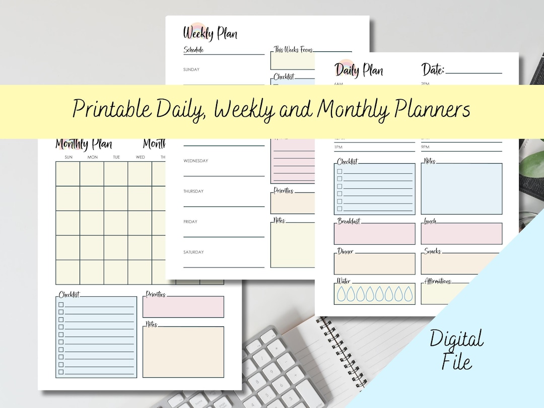 Daily Weekly Monthly Planner Printable Bundle - Colourful Planner Set ...