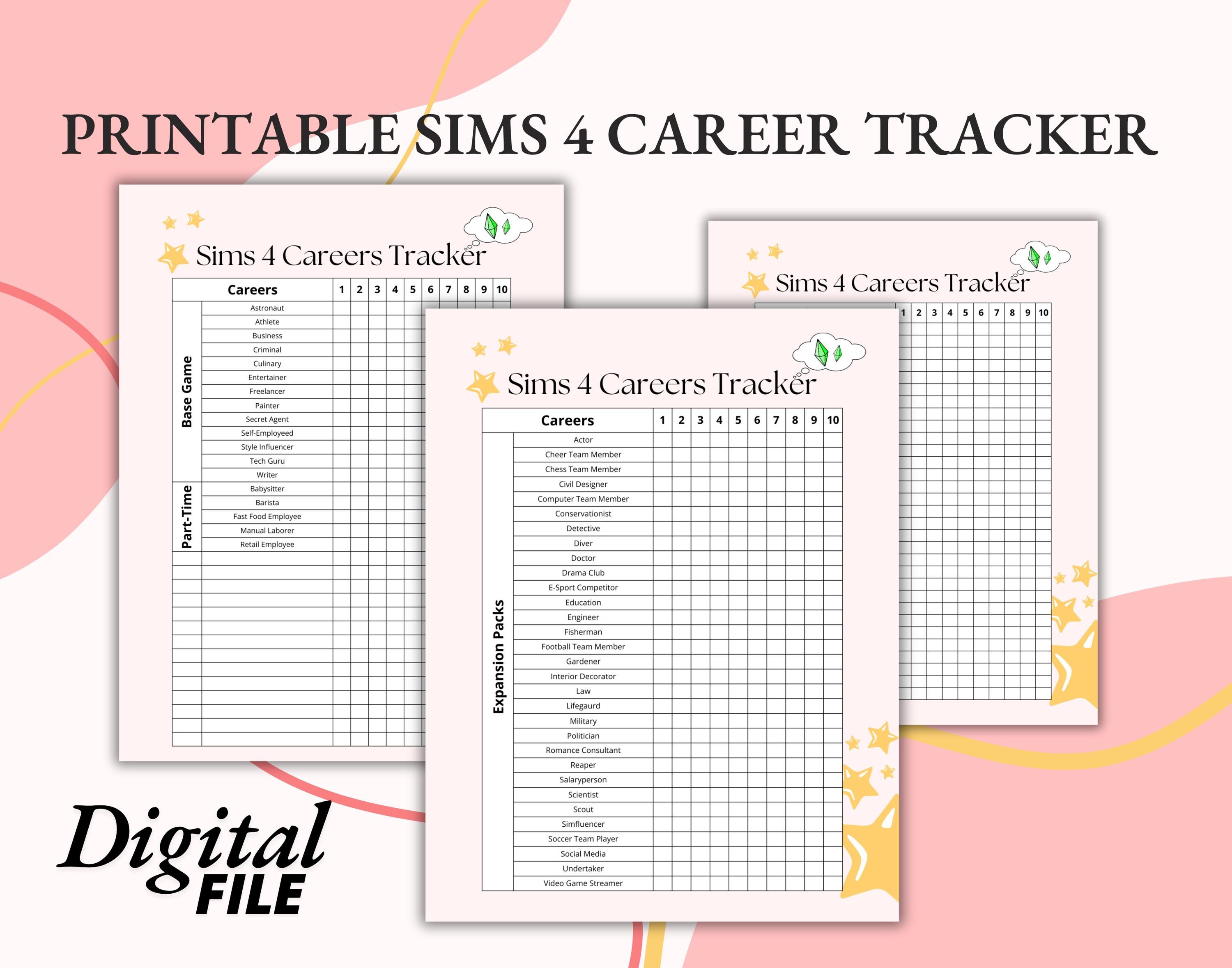 Cute Printable Sims 4 Career Tracker Planner Sheet Bundle Expansion and ...