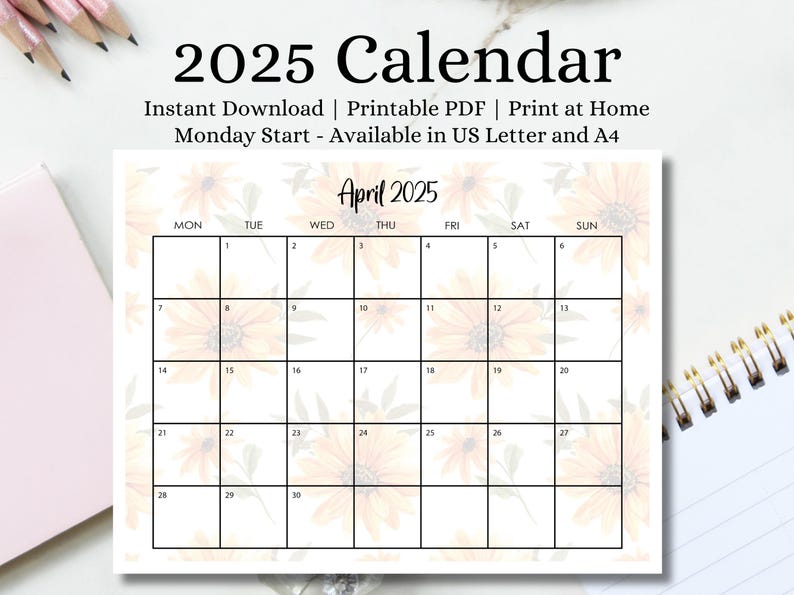 2025 Printable Calendar Sunflower Background Monday Start Sunday Start ...