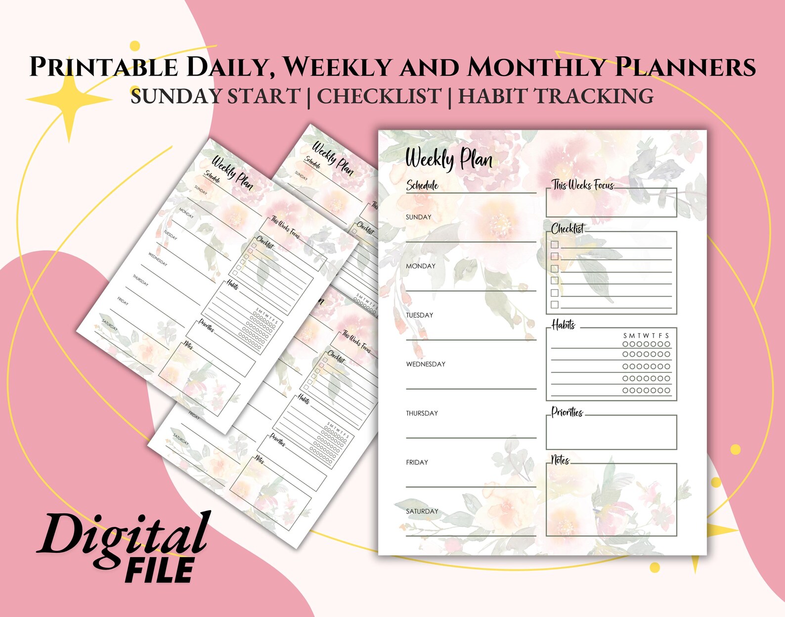 Floral Printable Daily Planner, Weekly Planner, Monthly Planner Bundle ...