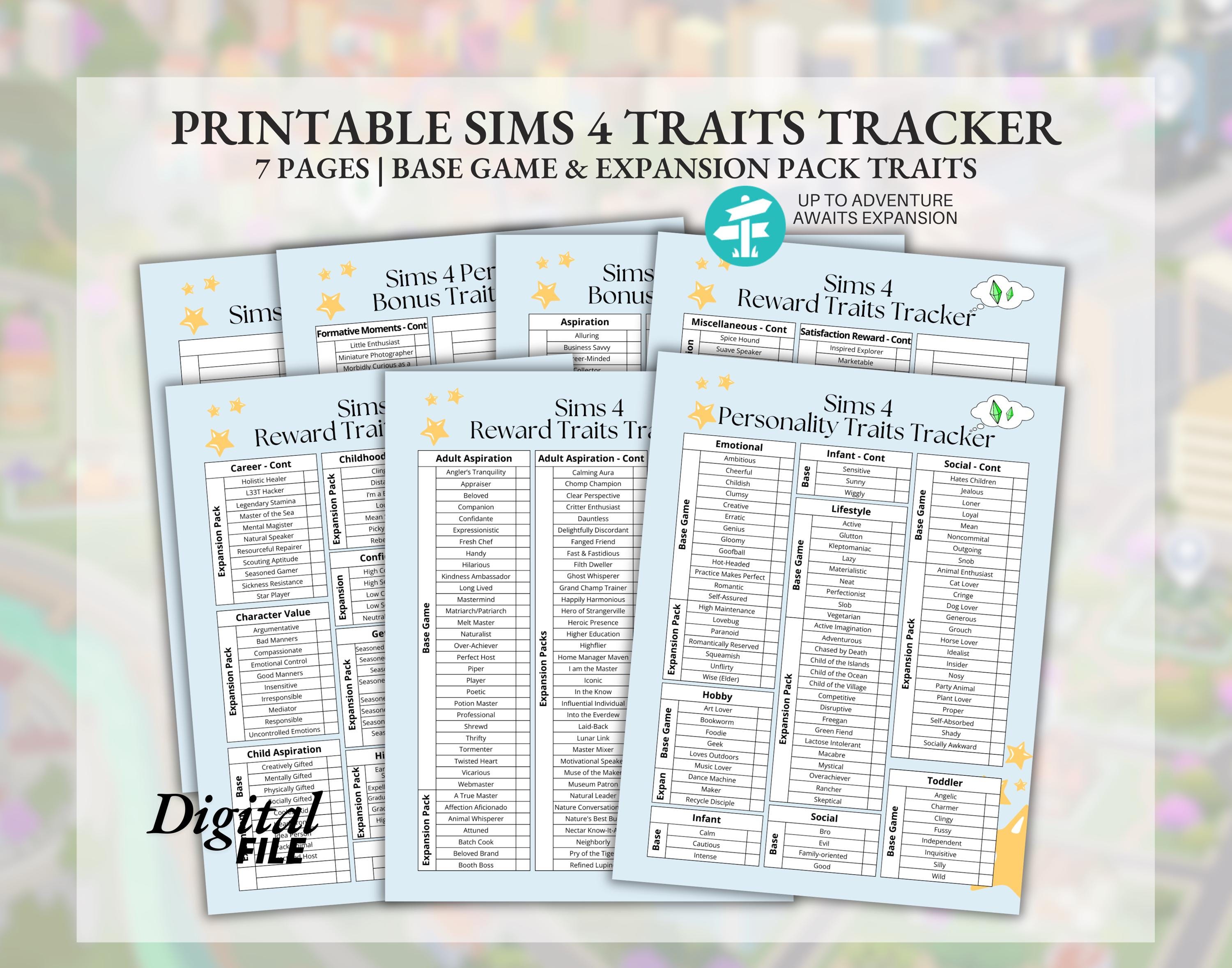 Printable Sims 4 Traits Planner Sheet Bundle Expansion and Base Game ...