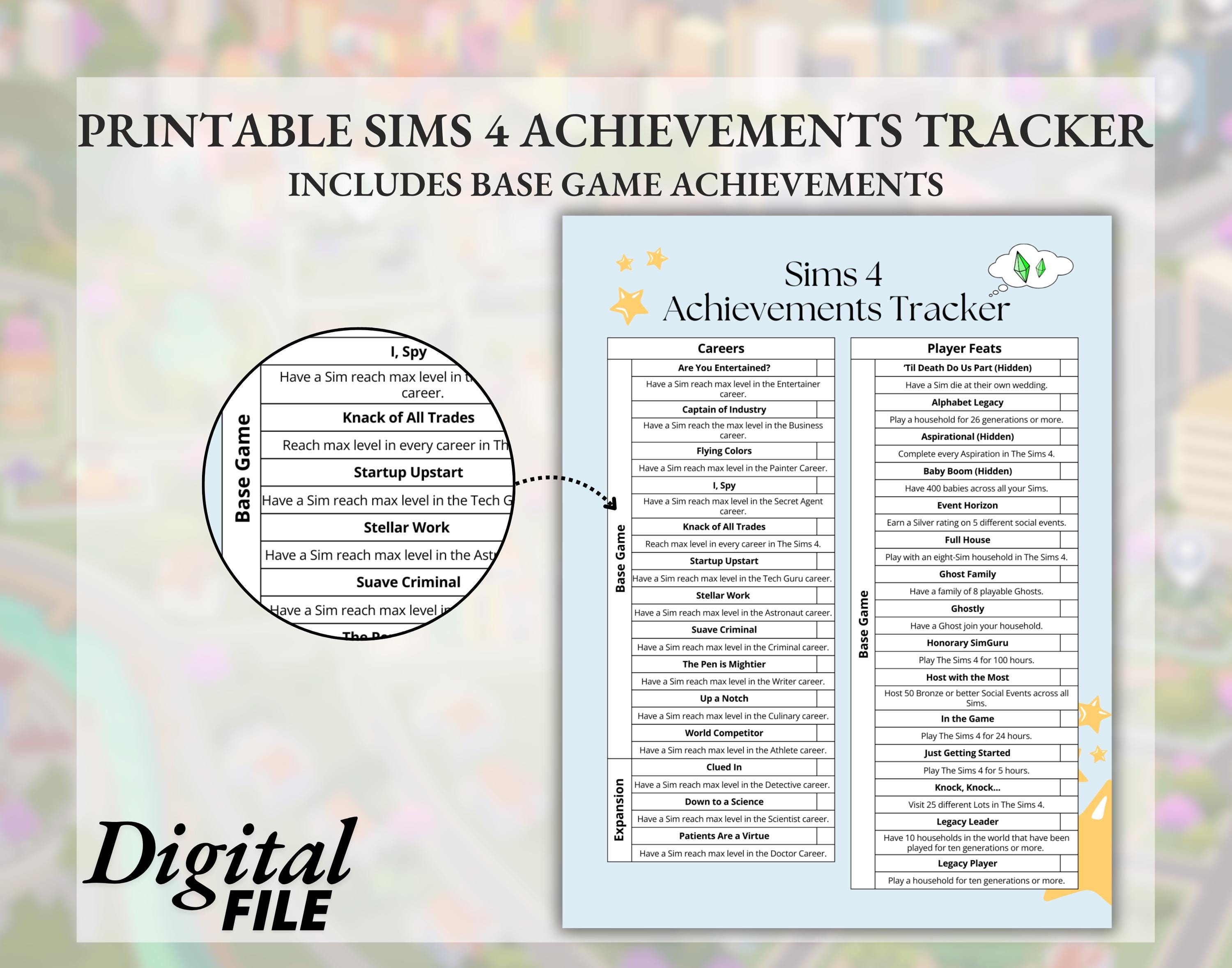 Printable Sims 4 Achievements Planner Sheet Bundle - Expansion and Base ...