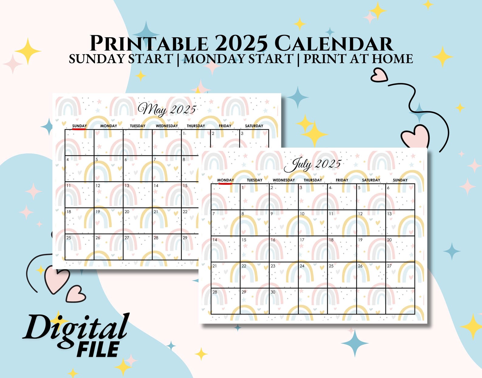 Rainbow 2025 Printable Calendar Monday Start Sunday Start Beautiful ...