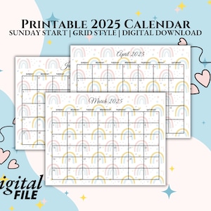 Rainbow 2025 Printable Calendar Monday Start Sunday Start Beautiful ...