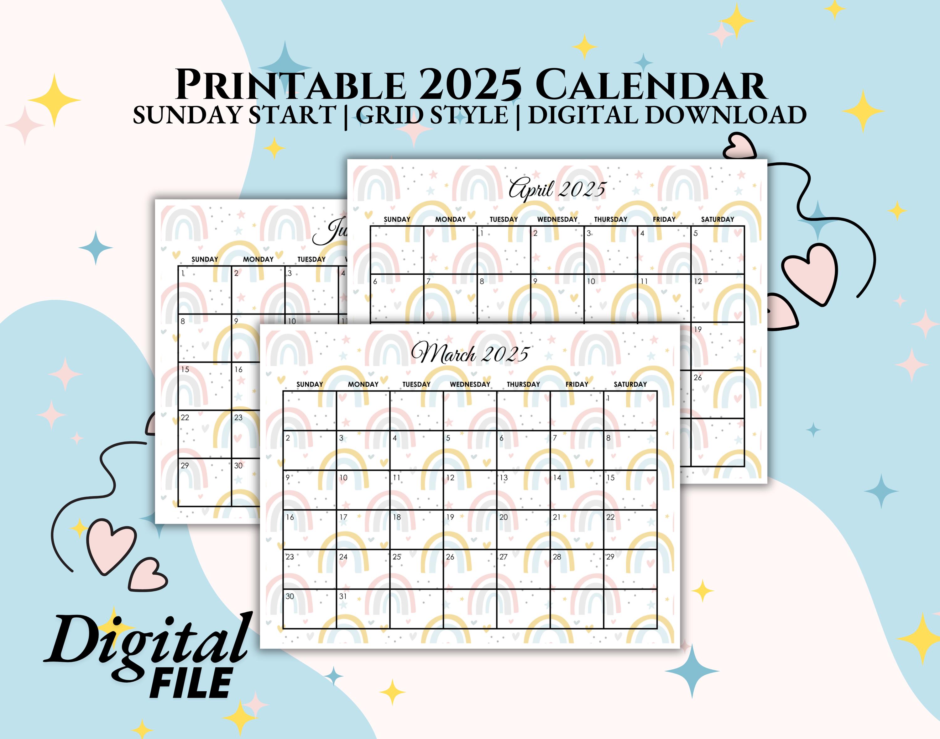 Rainbow 2025 Printable Calendar Monday Start Sunday Start Beautiful ...