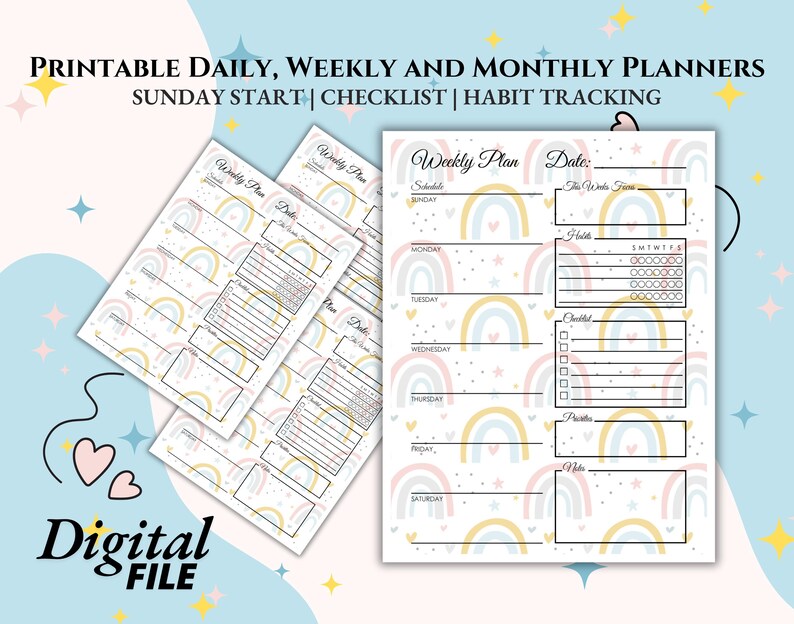 Rainbow Printable Daily Planner, Weekly Planner, Monthly Planner Bundle ...