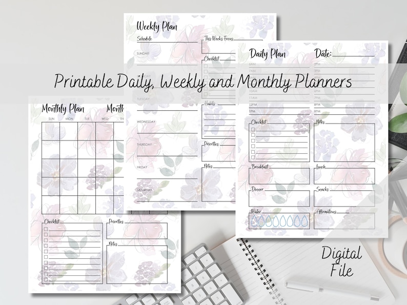 Purple Floral Printable Daily Weekly Monthly Planner Bundle Notes ...