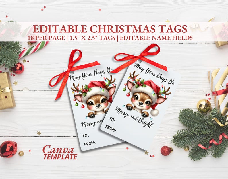 Christmas Gift Tag Printable Canva Template Adorable Reindeer! Each Tag ...