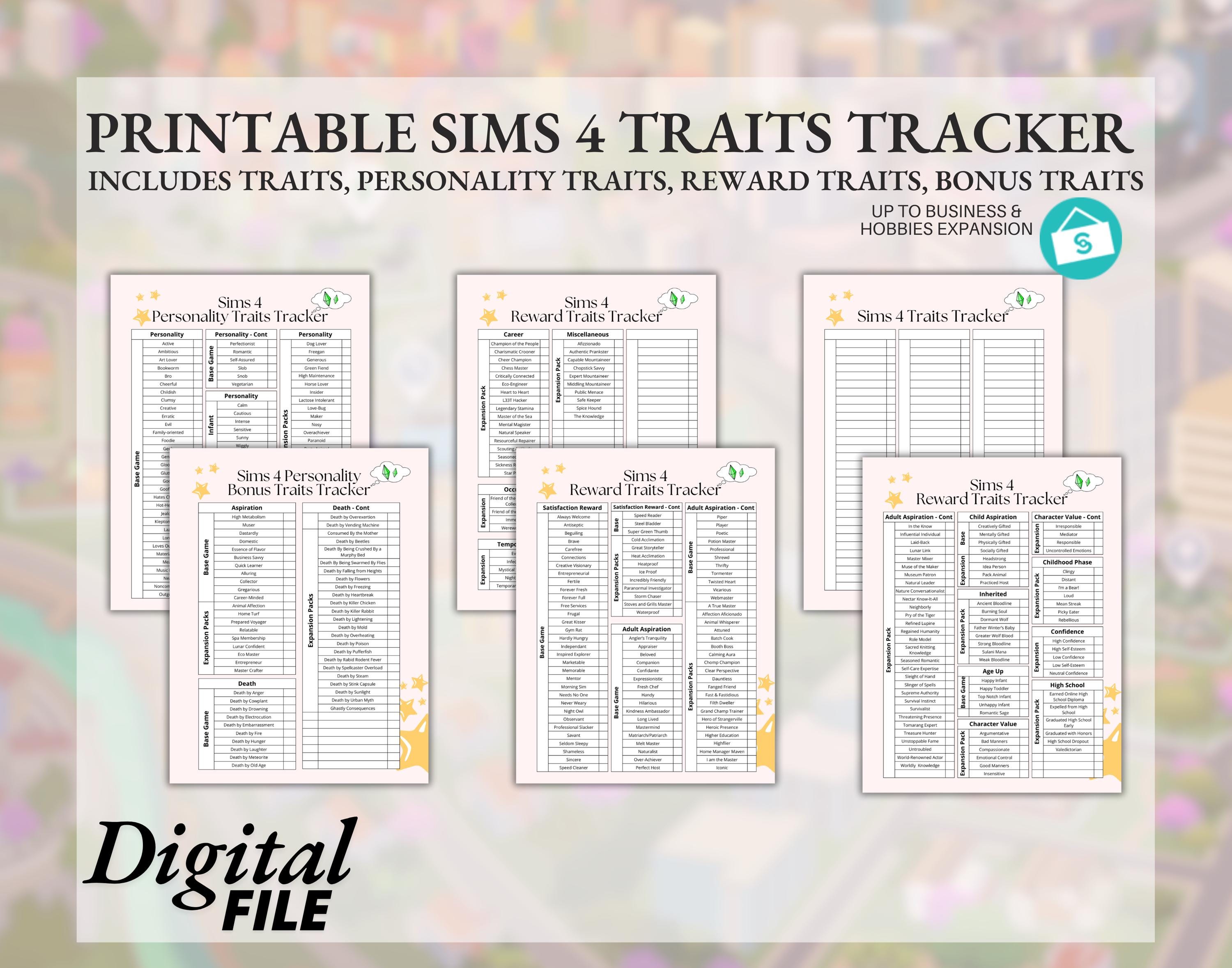 Cute Printable Sims 4 Traits Planner Sheet Bundle - Expansion and Base ...