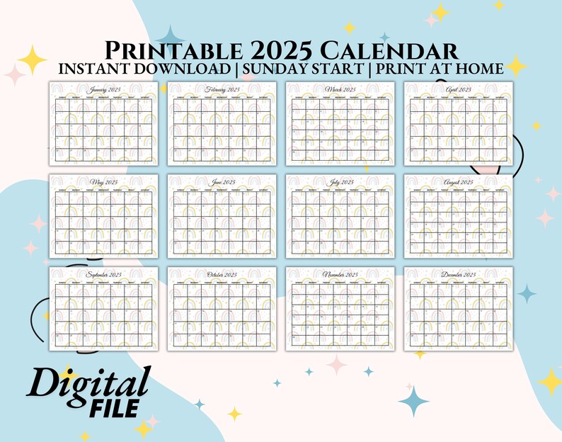 Rainbow 2025 Printable Calendar Monday Start Sunday Start Beautiful ...