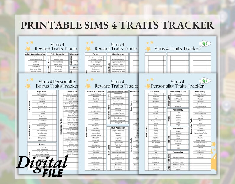 Printable Sims 4 Traits Planner Sheet Bundle Expansion and Base Game ...