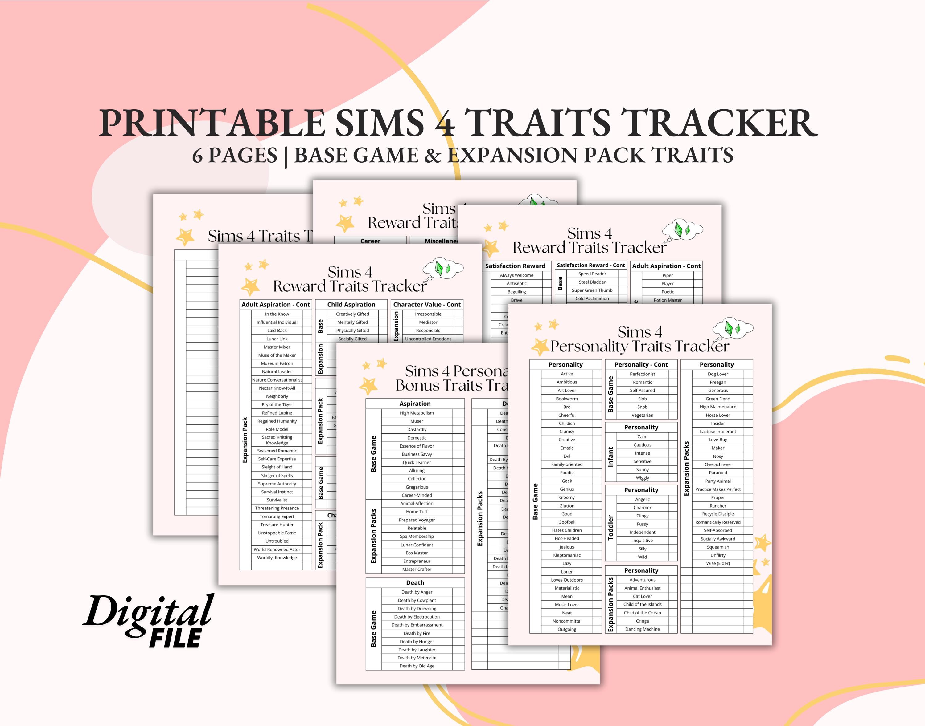Cute Printable Sims 4 Traits Planner Sheet Bundle - Expansion and Base ...