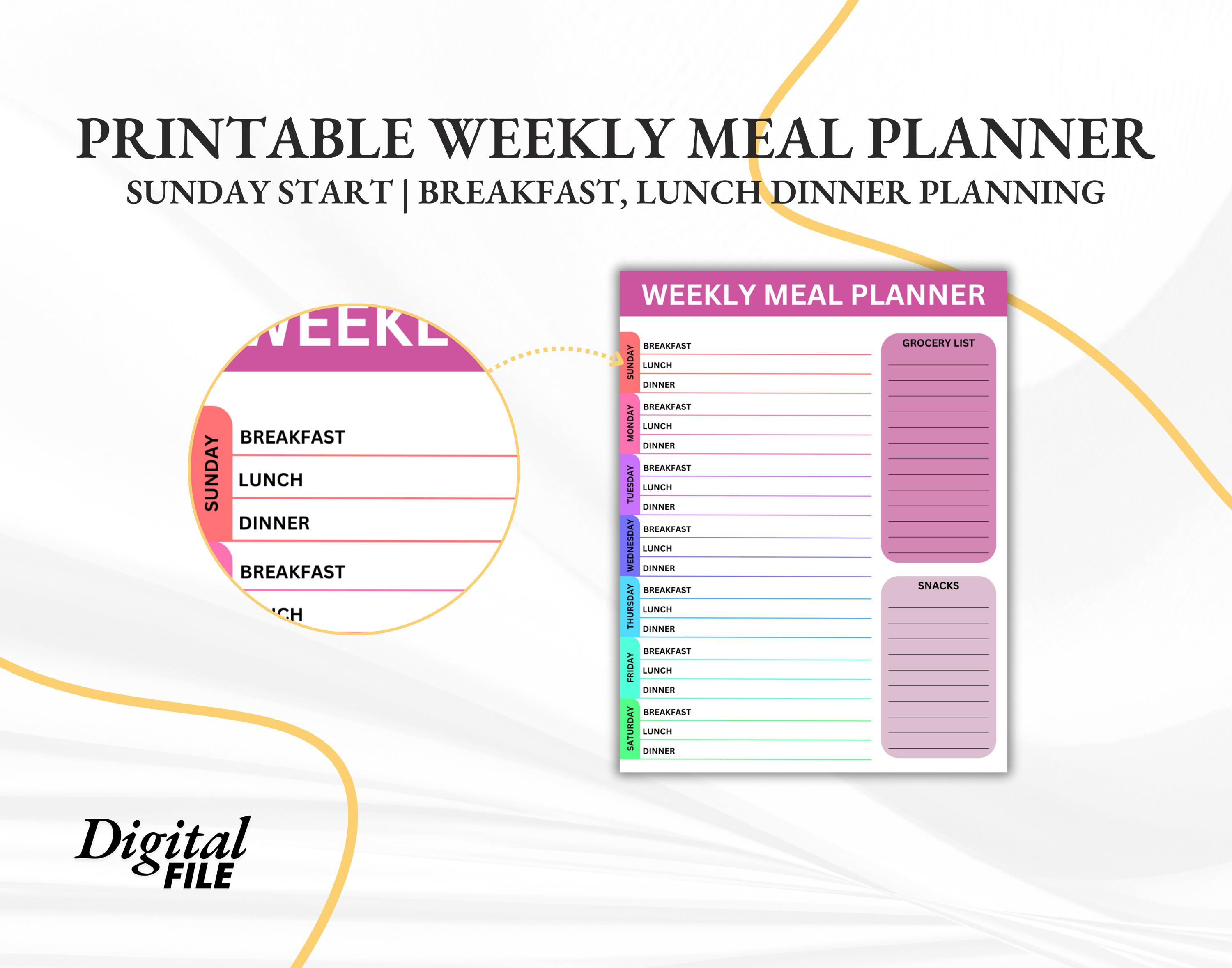 Printable Weekly Meal Planner - Sunday Start Meal Planner Available in ...