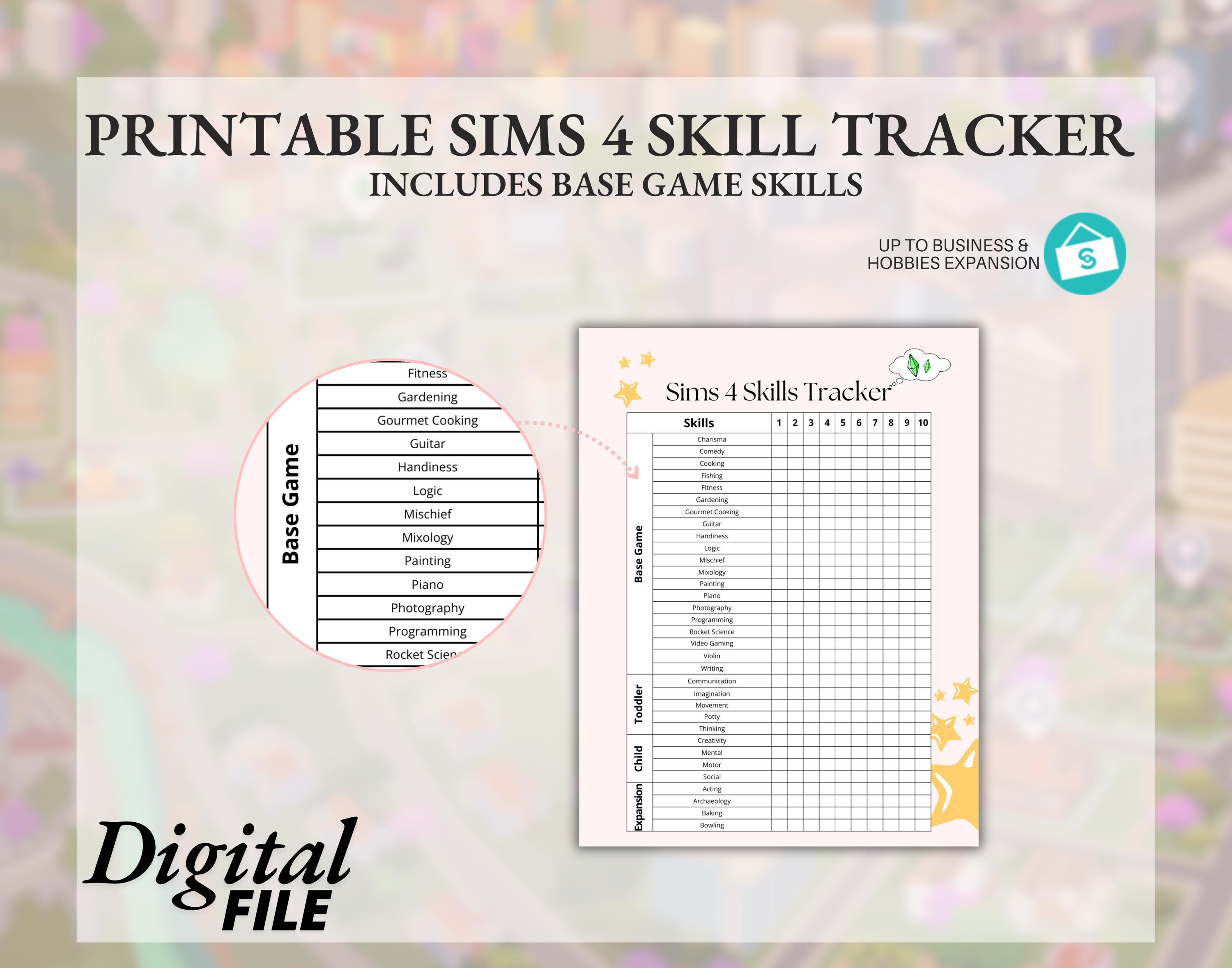 Cute Printable Sims 4 Skill Tracker Planner Sheet Bundle Expansion and ...