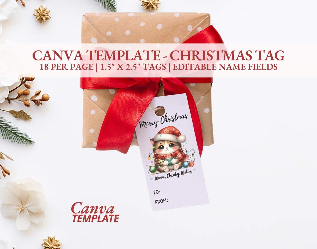 Christmas Gift Tag Printable Canva Template Adorable Cute Cat! Each Tag ...