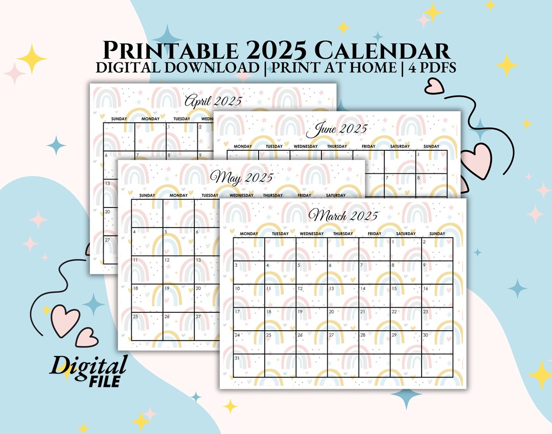 Rainbow 2025 Printable Calendar Monday Start Sunday Start Beautiful ...