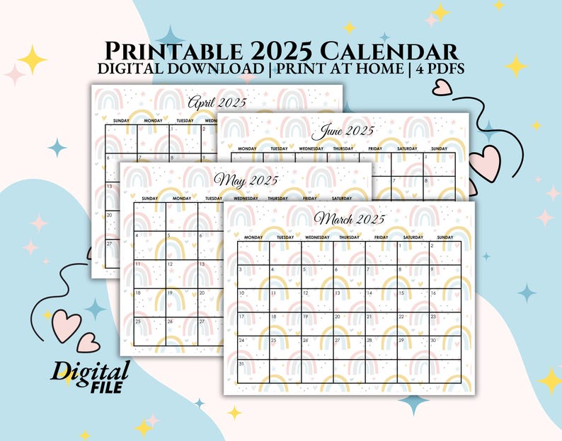 Rainbow 2025 Printable Calendar Monday Start Sunday Start Beautiful ...